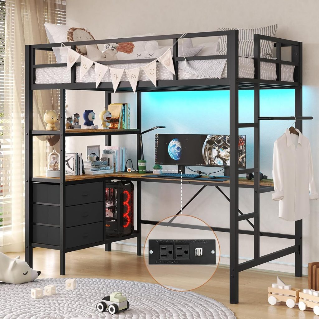 DICTAC Twin Metal Loft Bed with L-Shaped Desk